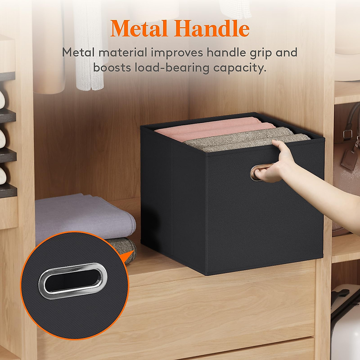 Lifewit 13 Inch Cube Storage Bins, 6 Packs Cube Storage Organizer, Foldable Decorative Fabric Storage Baskets for Organizing Home Organizers with Metal Handles for Shelves, Closet, Black