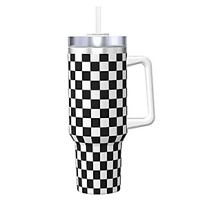 deaokluy 40 OZ Checkered Pattern Ice Bully Cup with Handle Straw Lid, Double Wall Stainless Steel Tumbler Travel Coffee Cup, Black White Insulation and Cooling Cup for Christmas Birthday Present