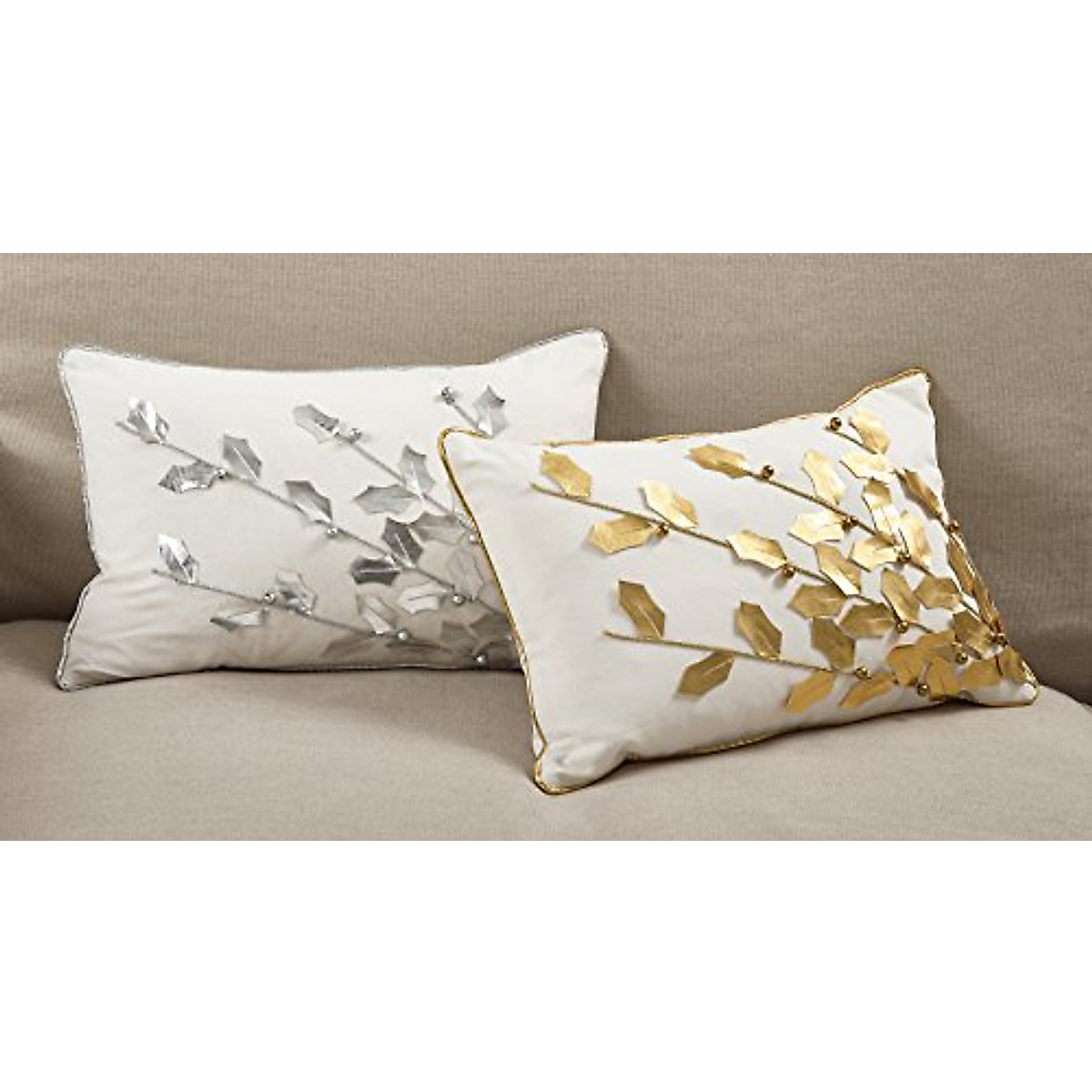 SARO LIFESTYLE Metallic Poinsettia Branch Design Holiday Cotton Poly Filled Throw Pillow, 12" x 18", Silver