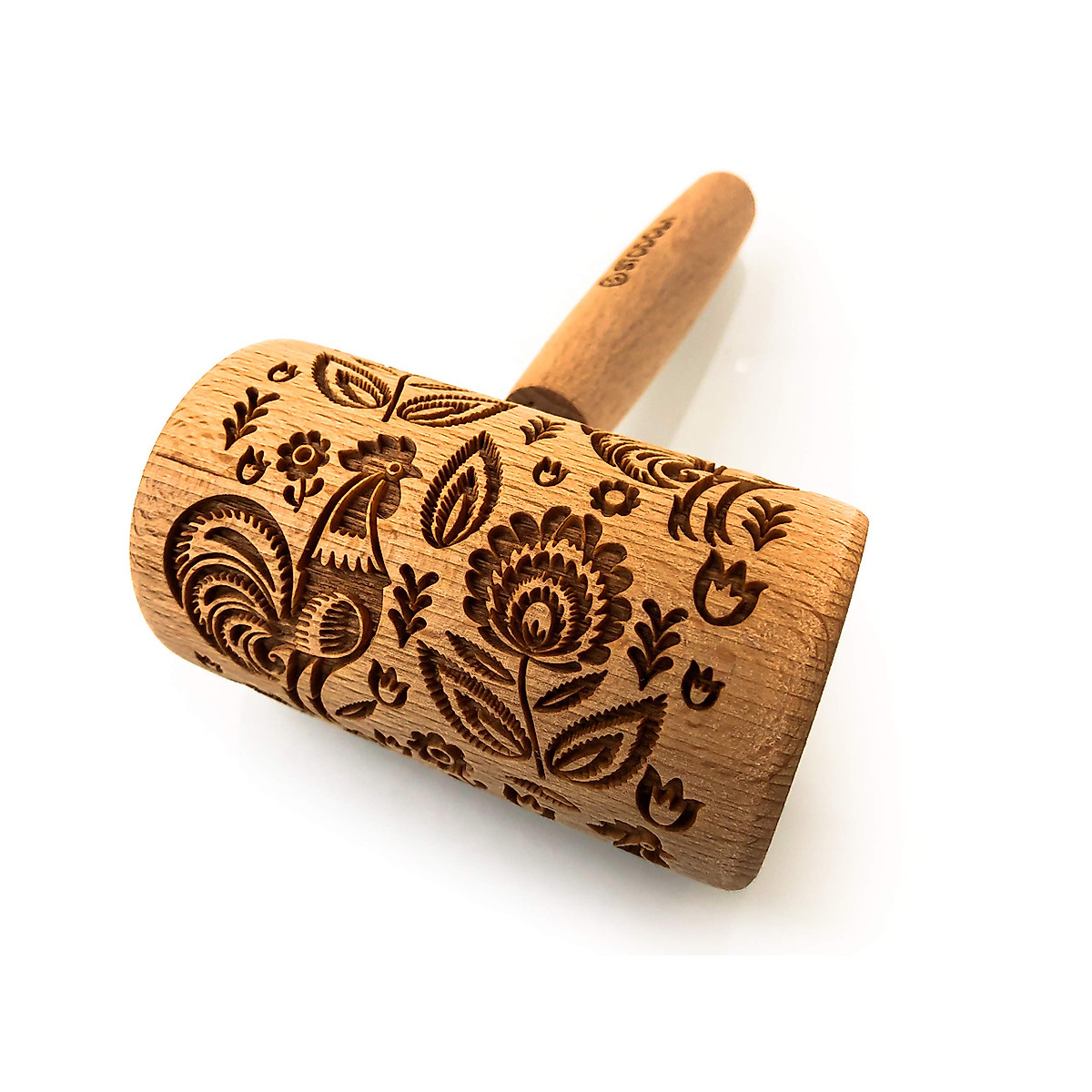 Engraved Mini Rolling Pin with Pattern for Embossed Cookies (FOLK ROOSTER)