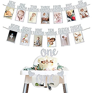 Silver 1st Birthday Baby Photo Banner for Newborn to 12 Months And Alphabet ONE Bunting, Alphabet ONE Cake Topper for Baby Show First Birthday Party Decoration