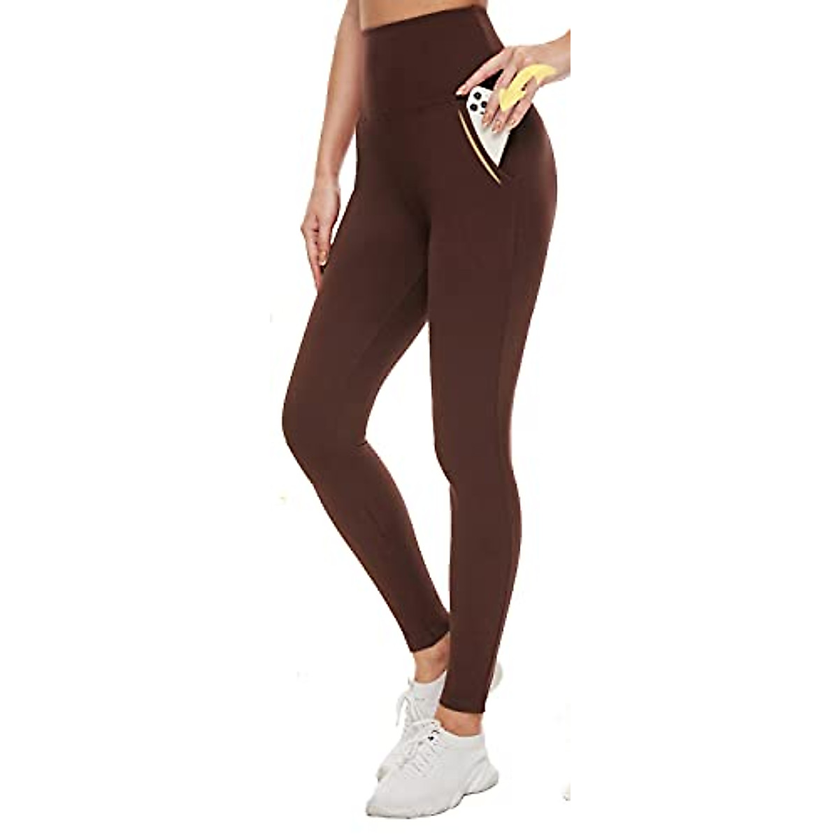 Aoliks Leggings with Pockets for Women - Yoga Pants with Pockets,Buttery Soft High Waist Tummy Control Non See Through Workout Pants (Brown, Large-X-Large)