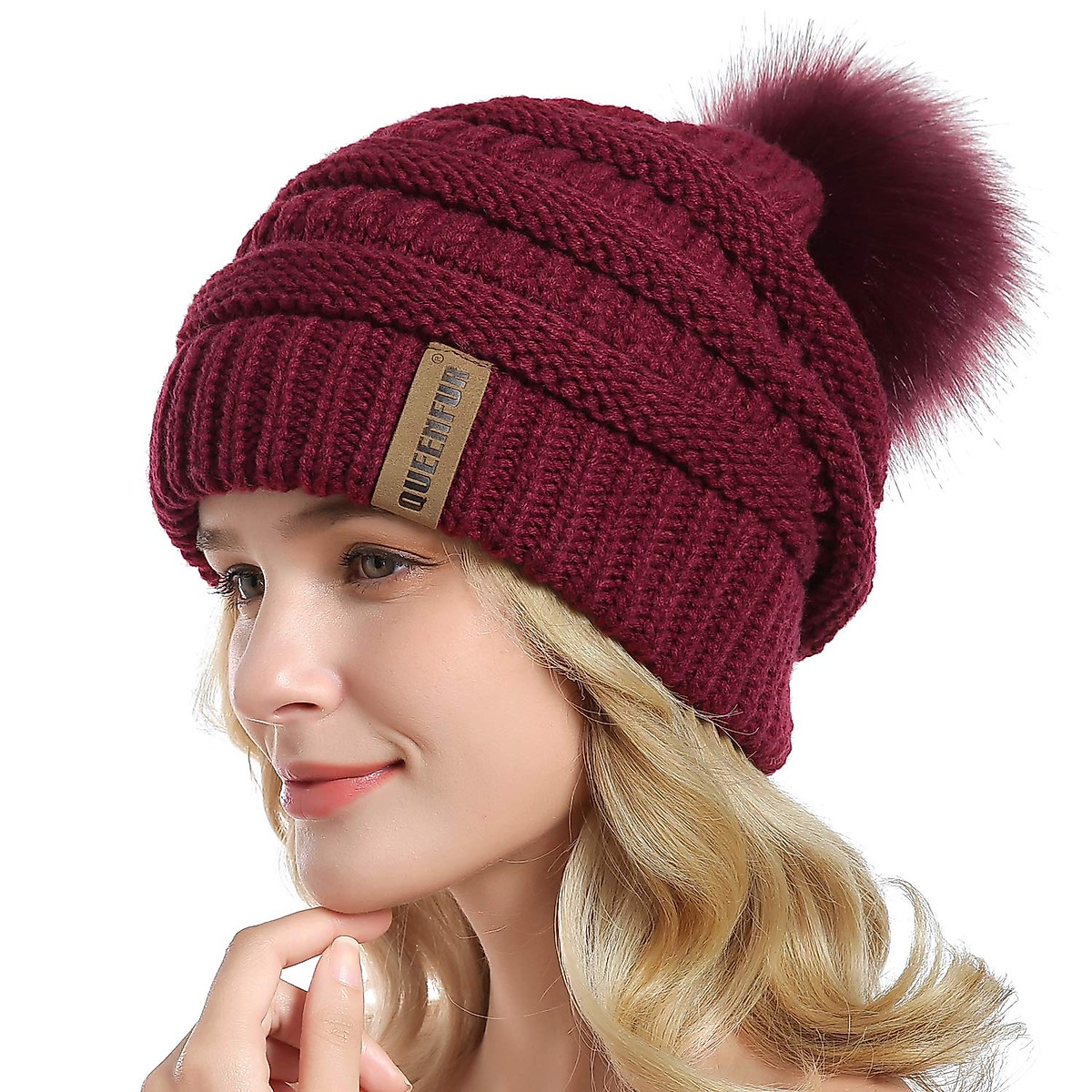 QUEENFUR Women Knit Slouchy Beanie Chunky Baggy Hat with Faux Fur Pompom Winter Soft Warm Ski Cap
