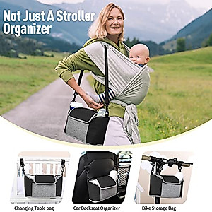 Yoofoss Baby Stroller Organizer Stroller Caddy - Universal Stroller Organizer Bag with Insulated Cup Holder Phone Bag, Stroller Storage Fits Most Baby and Pet Strollers, Grey&Black