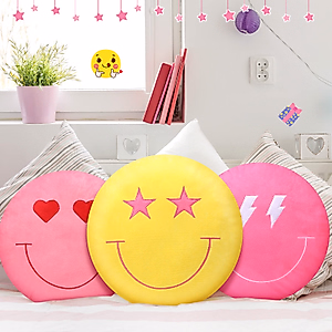 3 Pcs 16 Inch Face Emoticon Cushion Stuffed Plush Pillow, 3D Round Throw Pillows with Embroidery Pattern Cute Round Floor Cushion Decorative Plush Throw Pillows for Car, Bed, Couch, Sofa, Office Home