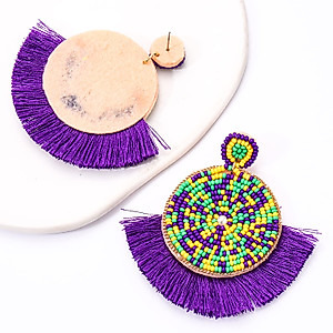 Mardi Gras Earrings Beaded Purple Green Gold Earrings Handmade Statement Drop Dangle Earrings for Women Party Gifts
