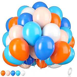 Orange and Blue Balloons, 12 Inch Orange White Blue Balloons Pastel Orange Royal Blue White Balloons with Ribbons for Birthday Baby Shower Graduation Engagement New Year Party Decorations