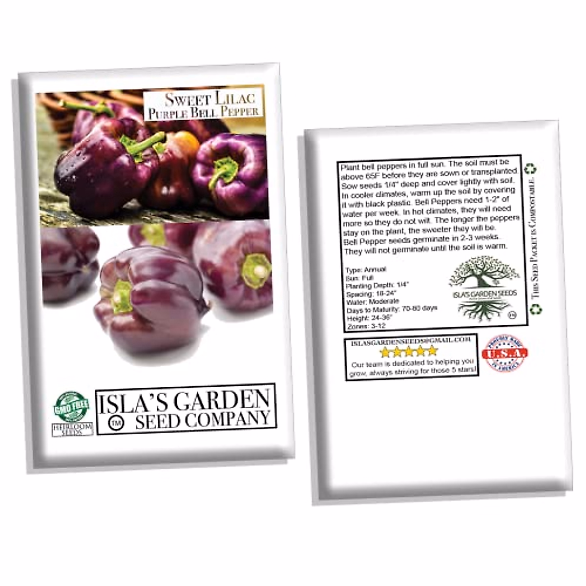 Sweet Lilac Purple Bell Pepper Seeds for Planting, 50+ Heirloom Seeds Per Packet, (Isla's Garden Seeds), Non GMO Seeds, Scientific Name: Capsicum annuum, Great Home Garden Gift