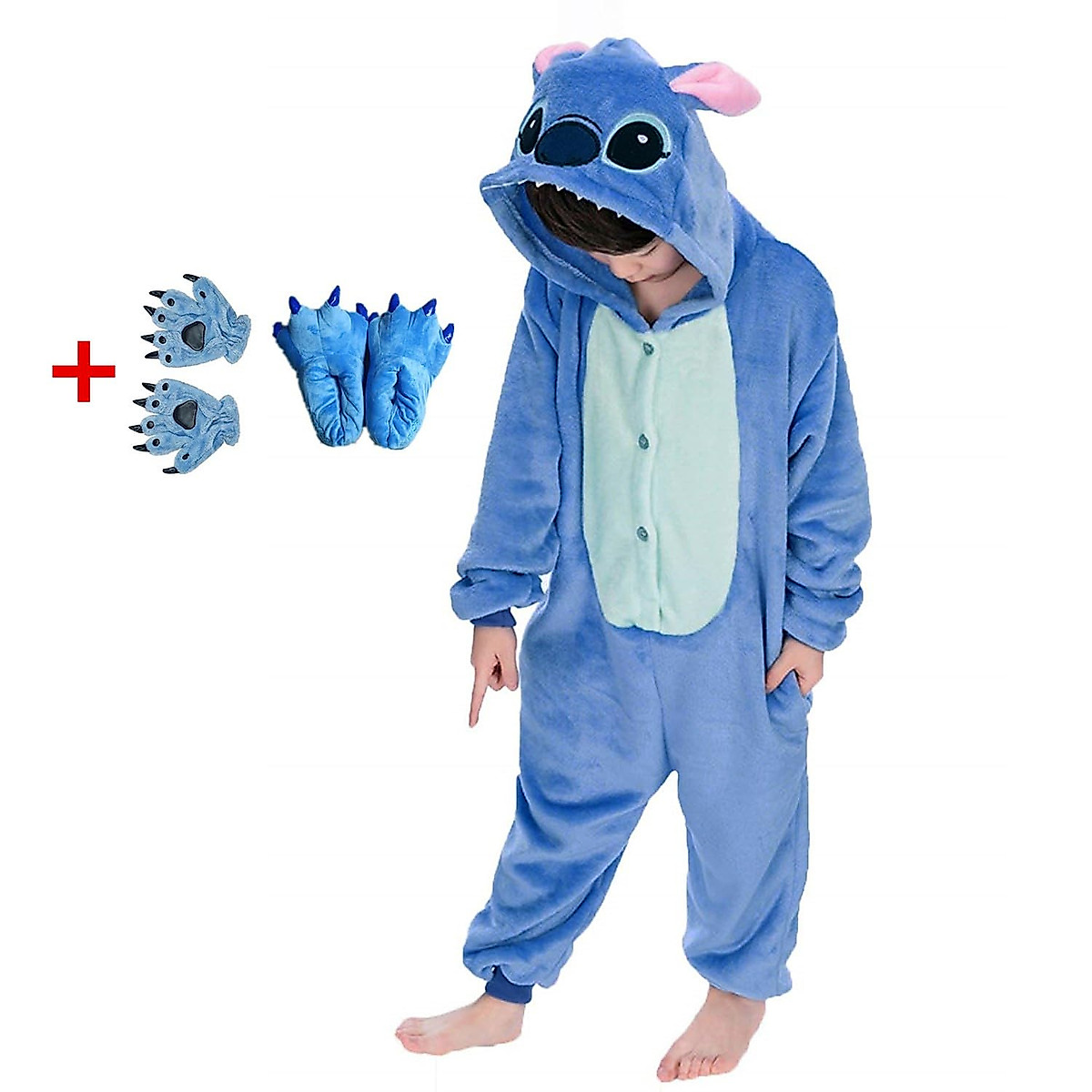 SENSERISE Stitch Costume Onesie Kids Adult Christmas Pajamas Halloween Cosplay Fleece Sleepwear with Slippers Gloves(Blue Kid,125(Height 4'5"-4'9"))