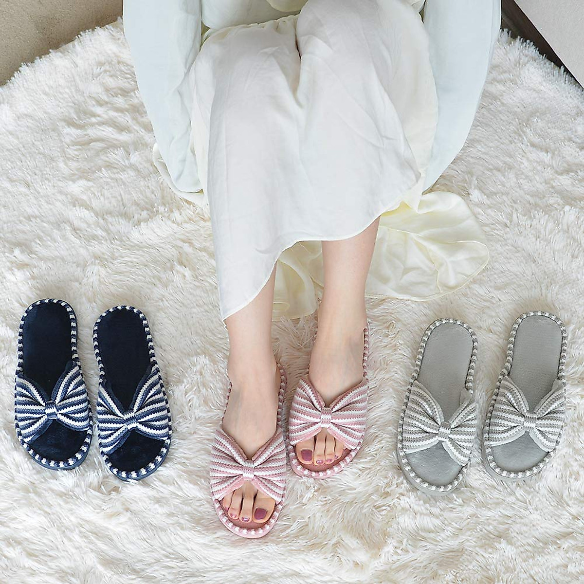 DL Women's Memory Foam Open Toe Slide Slippers with Cute Bow and Cozy Terry Lining, Slip-on House Shoes Spa Mules Sandals with Indoor Outdoor Rubber Sole, pink, 11-12