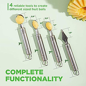 Riveira Melon Baller Scoop Set Stainless Steel 4-Piece Carving Knife Watermelon Cantaloupe Scooper for Cutting and Scooping Fruit Melons