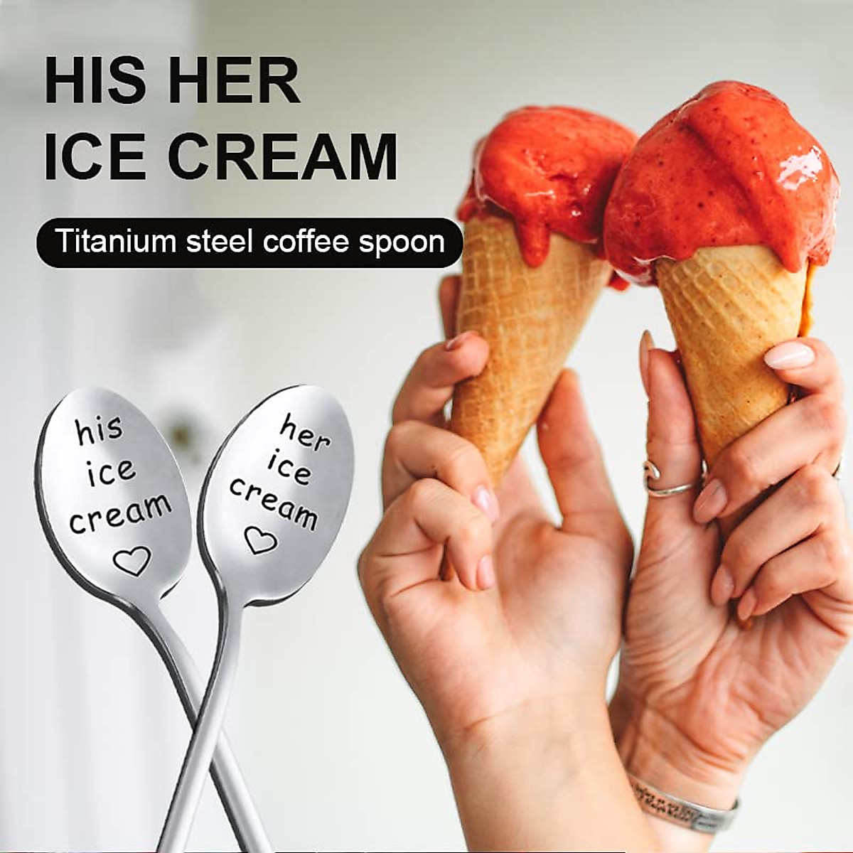 His and Her Ice Cream Spoons for Couples, Boyfriend Girlfriend Birthday Wedding Anniversary Christmas Gifts for Wife Husband Stainless Steel Couple Engraved Spoon Set 2Pcs
