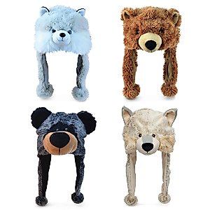 DolliBu Bears and Dogs Animal Plush Hat Set of 4 – Super Soft Black Bear, Wolf, Grizzly, Husky Warm Hats with Ear Flaps, Cute Stuffed Animals Toy Hats, Cozy Fleece Winter Hat for All Ages - 1 Size
