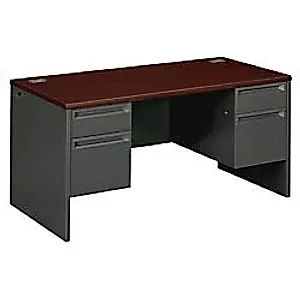 HON 38000 Series Double Pedestal Desk, 60" X 30" X 29.5", Mahogany/Charcoal