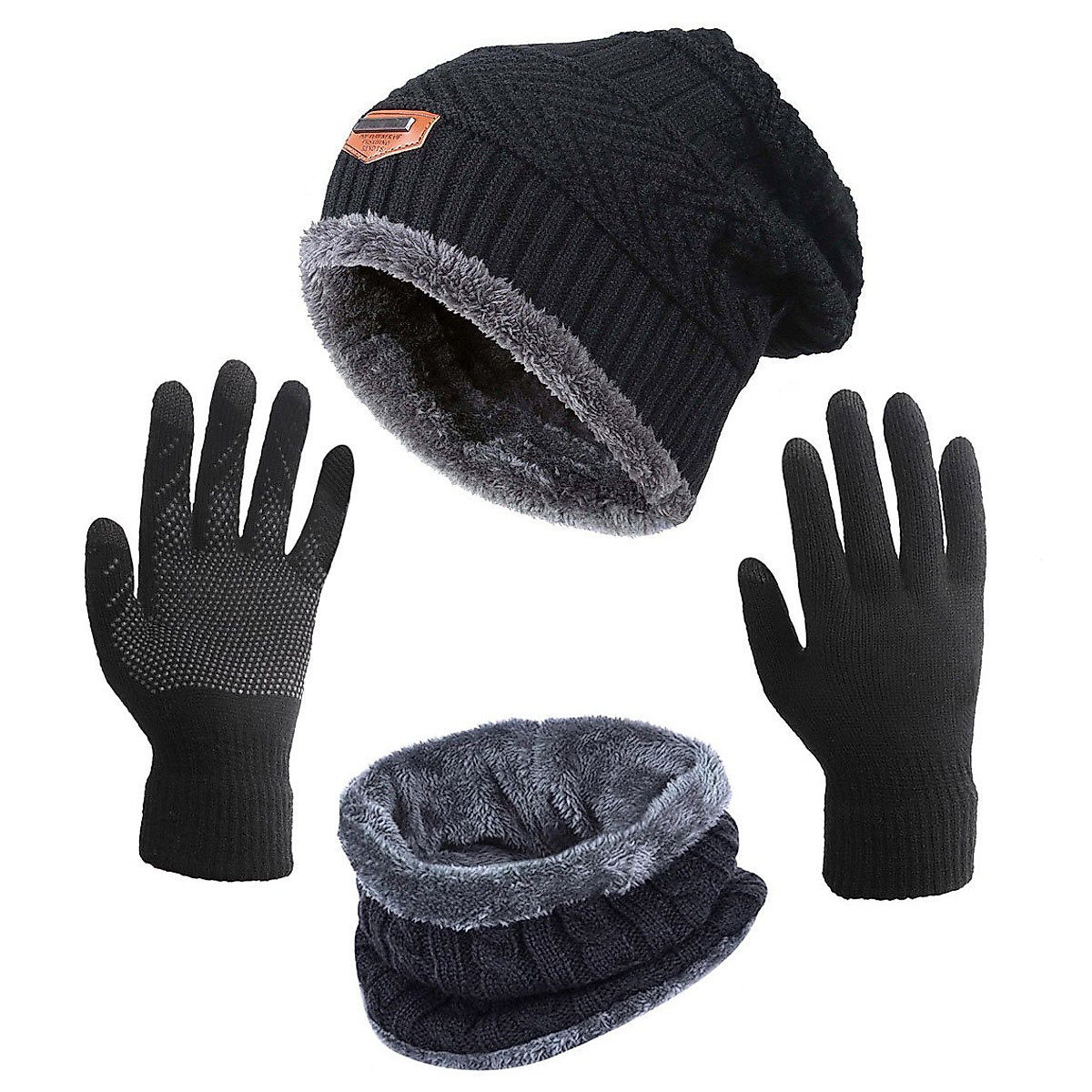 Winter Hat Scarf Gloves Slouchy Beanie Snow Knit Skull Cap Touch Screen Mittens Circle Scarves for Women Black