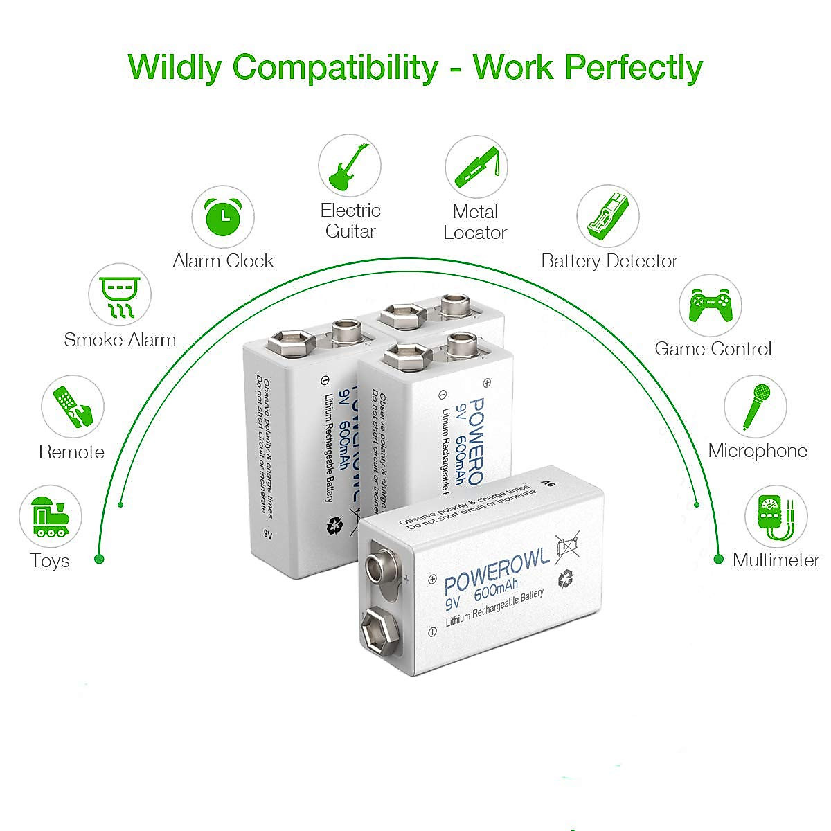 POWEROWL 9V Rechargeable Batteries 600mAh Lithium-ion Low Self Discharge Battery for Smoke Dectector and More 4 Pack
