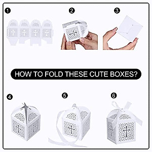 KPOSIYA 70 Pack Baptism Favor Boxes,Laser Cut Candy Boxes with Ribbons, Party Favor Small Gift Boxes for Baby Shower Baptism Decorations First Birthday Party Christening Favor (White-70)