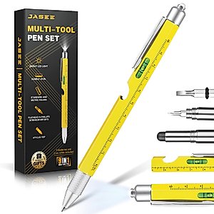 Gifts for Men, 9 in 1 Multitool Pen Set, Cool Gadgets for Men Dad Him Boyfriend Husband Fathers Day Birthday Gifts, Tool Pen with Led Light, Stylus, Screwdriver, Bottle Opener, Ruler, Level(Yellow)