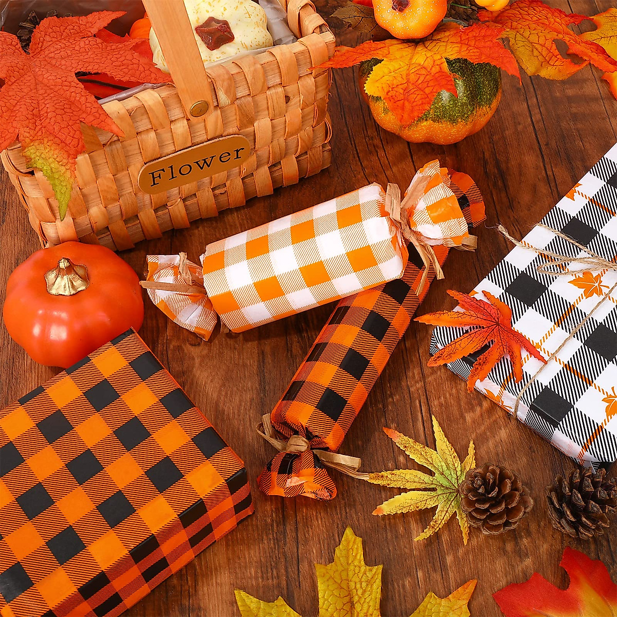 Whaline 90 Sheets Fall Tissue Paper Folded Flat Buffalo Plaid Wrapping Paper Maple Leaf Gift Wrapping Tissue Paper Thanksgiving Art Paper for Home DIY Gift Bags Party Favor Autumn Decor, 14 x 20inch