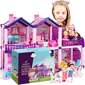 Dollhouse with 2 Princesses, 4 Unicorns, Dog, Furniture and Accessories - Pink and Purple Dream Doll House Toy for Little Girls - 5 Rooms w/Garden, Furniture and Accessories, Gift for Girls Ages 2-8