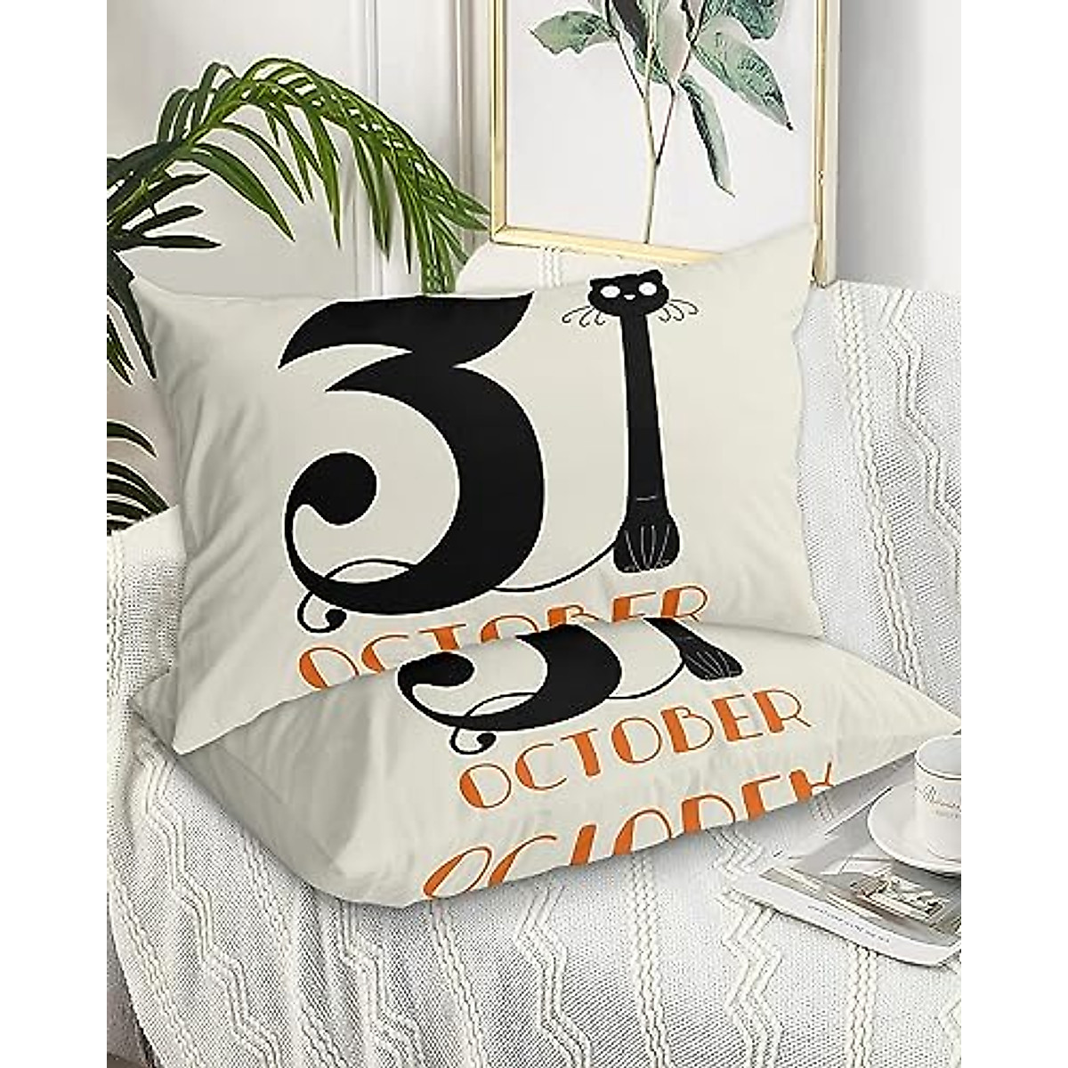 Edwiinsa Halloween Pillow Covers King Standard Set of 2 Bed Pillow, Plush Soft Comfort for Hair/Skin Cooling Pillowcases with Envelop Closure 20x36 Inches Black Orange Cute Cartoon Cat Animal
