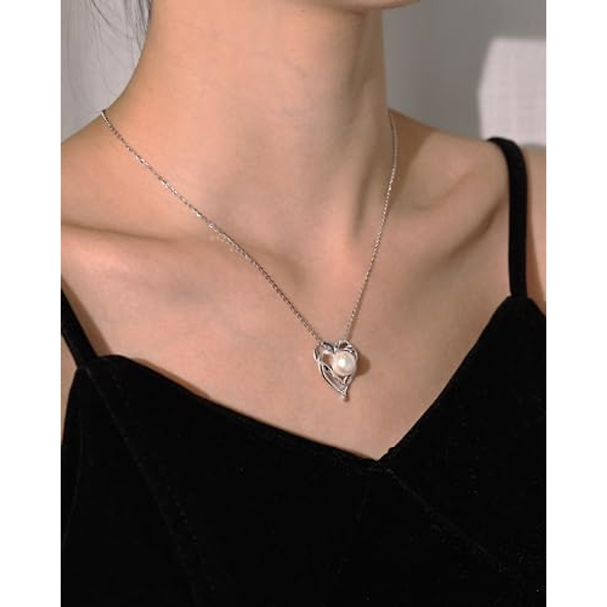 FANCIME June Birthstone Pearl Necklace 925 Sterling Silver Double Heart Necklace with Genuine Quality 9-10mm Freshwater Cultured Pearls Bridal Wedding Pearl Jewelry for Women