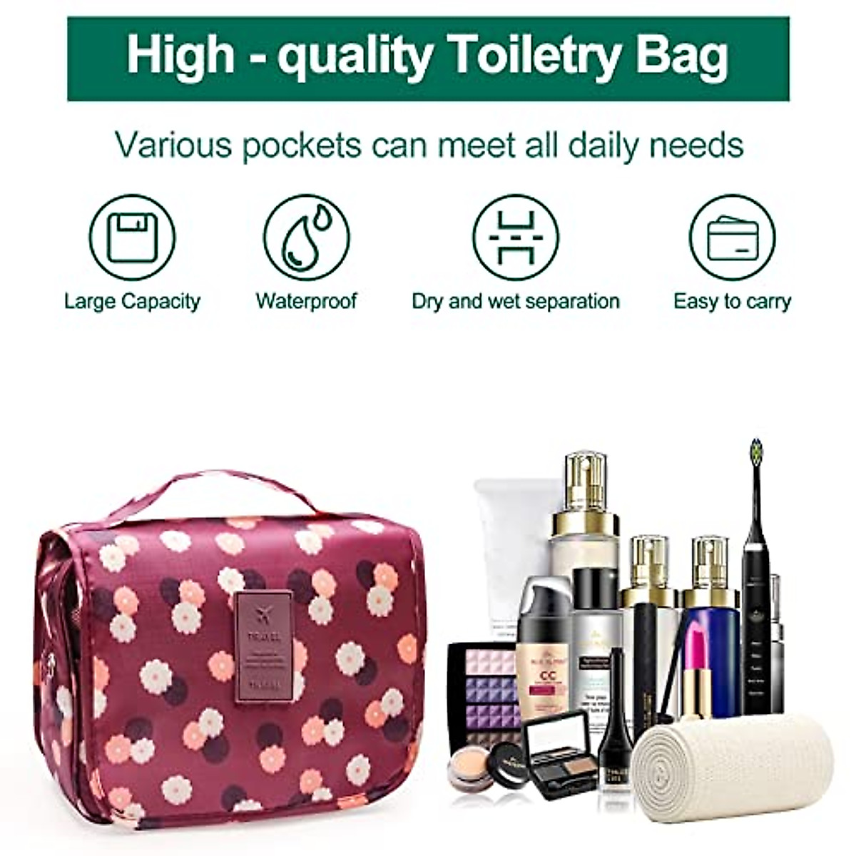 Aosivm Hanging toiletry bag for Women,makeup travel bag,with Jewelry Organizer Compartment,Large Cosmetic Bag Travel Organizer for Bathroom Shower Accessories (Wine red, Large)