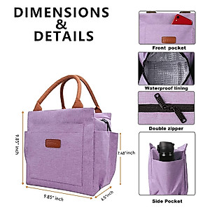 Joymee Lunch Bag Women Insulated Lunch Box Reusable Durable Leakproof Large Spacious Cooler Tote for Women Men Adult with Bottle Holder and Side Pockets for Work Office Travel Picnic - Purple