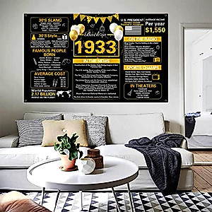 Crenics Black Gold 90th Birthday Decorations, Vintage Back in 1933 Birthday Backdrop Banner, Large 90 Years Old Birthday Anniversary Poster Photo Background Party Supplies for Women Men, 5.9 x 3.6 Ft