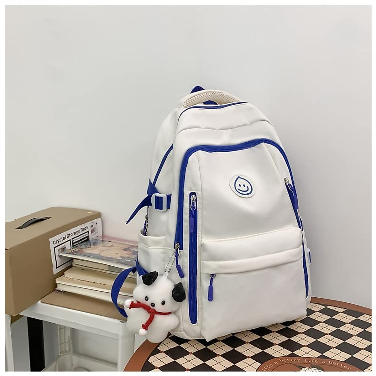 KFTHKOR Kawaii Backpack,Girl Backpack With,Junior Backpack,Middle School Student Schoolbag (White Blue)