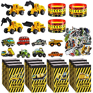 Construction Theme Party Favors Birthday Supplies Goodie Favor Bags Waterproof Truck Car Sticker Mini Engineering Car Toys Rubber Bracelets for Shower Return Present Construction Supplies (86)