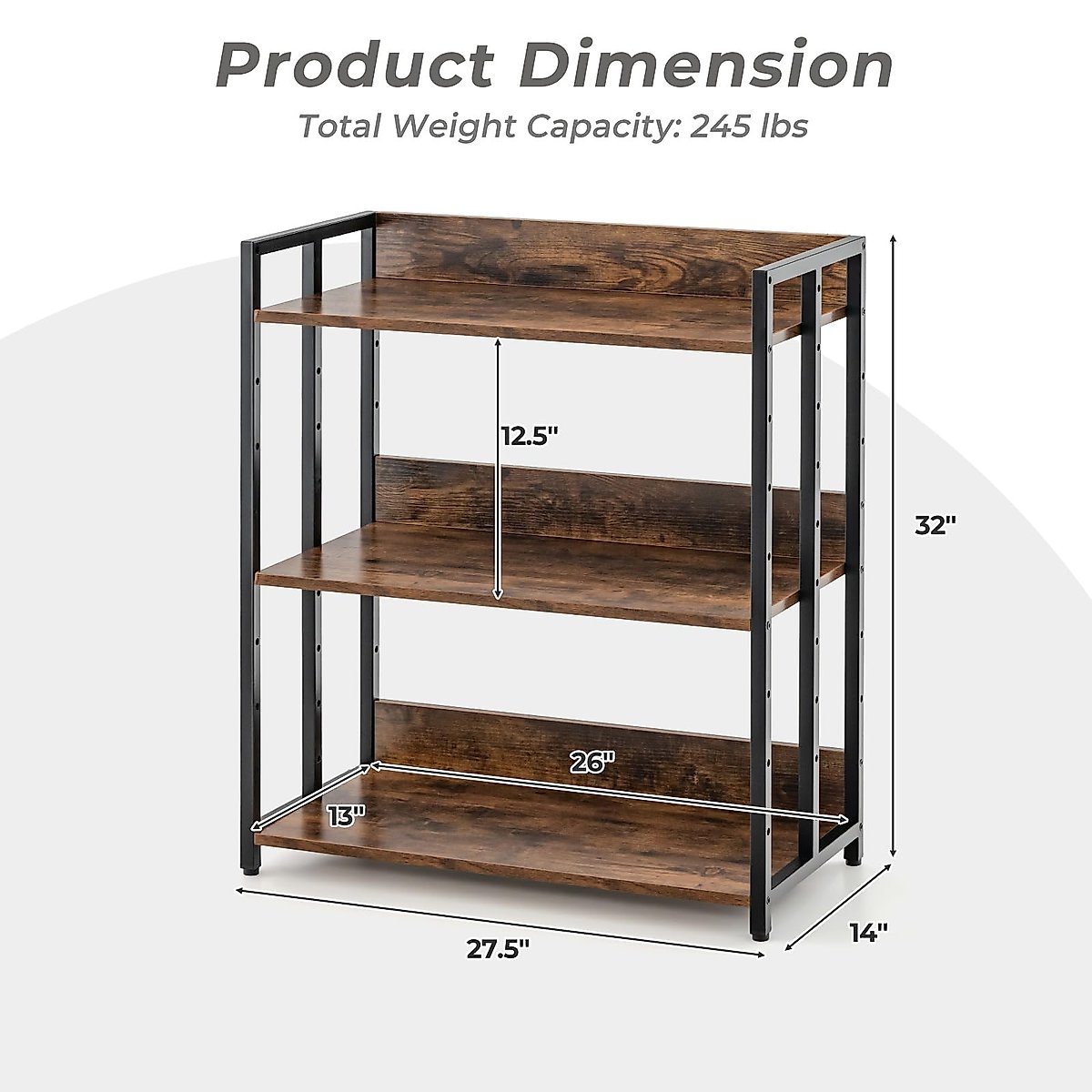 Giantex 3-Tier Bookshelf, Industrial 32" Tall Small Book Shelf with Adjustable Shelves, Adjustable Foot Pads, Anti-Toppling Device, DIY Wooden Floor Open Display Shelving, Bookcase Shelf Rack