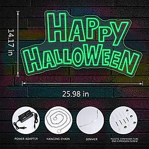 Halloween Decorations Outdoor Indoor, Happy Halloween Lights Halloween Neon Signs, 26X14 Inches Large Dimmable Neon Signs, Halloween Yard Decor, Halloween Decorations for Home (Green Happy Halloween)