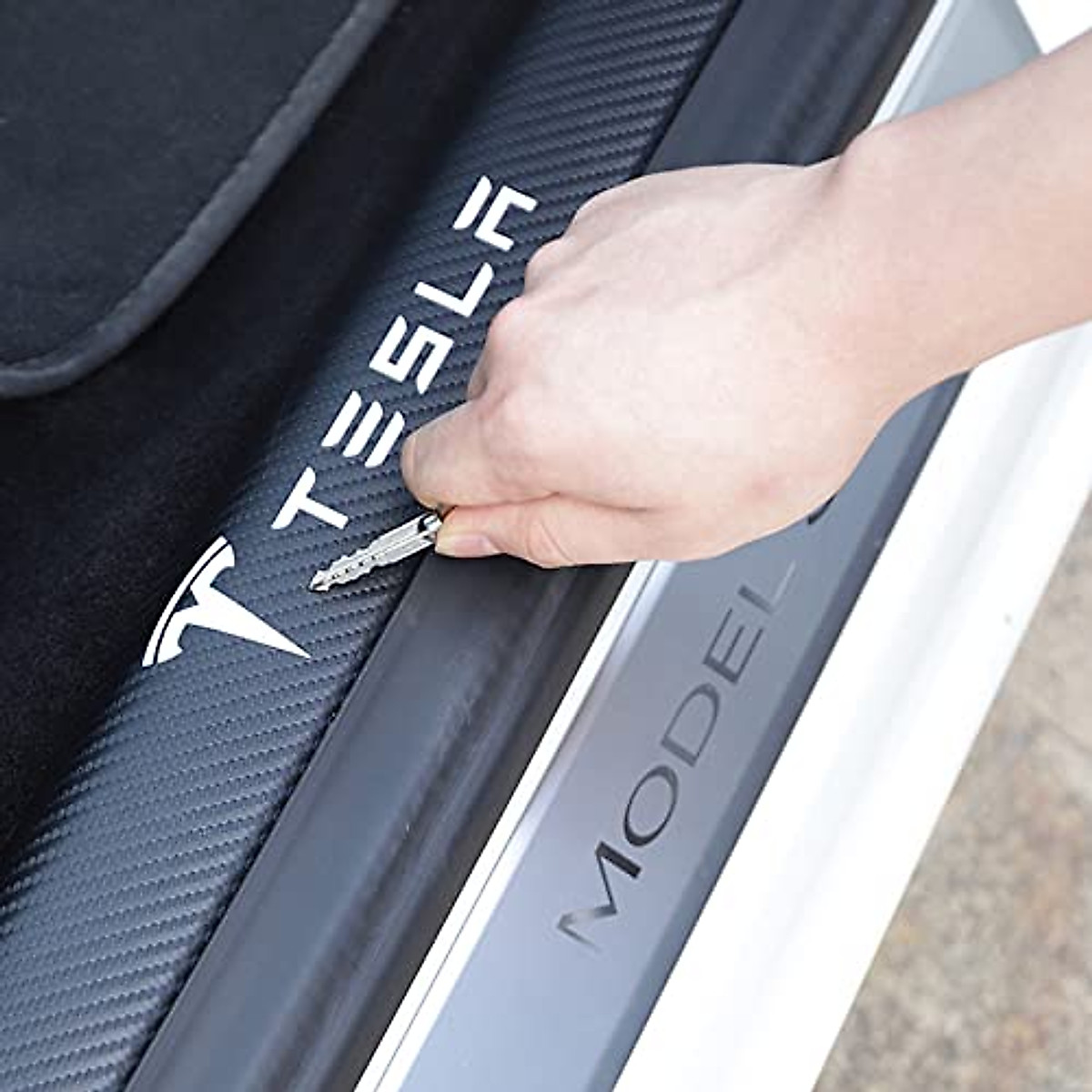 RSKVA Full Coverage Threshold Protection Sticker for Tesla Model 3 Carbon Fiber Leather Door Entry Guard Sticker Inner Accessories Self-Adhesive (White)