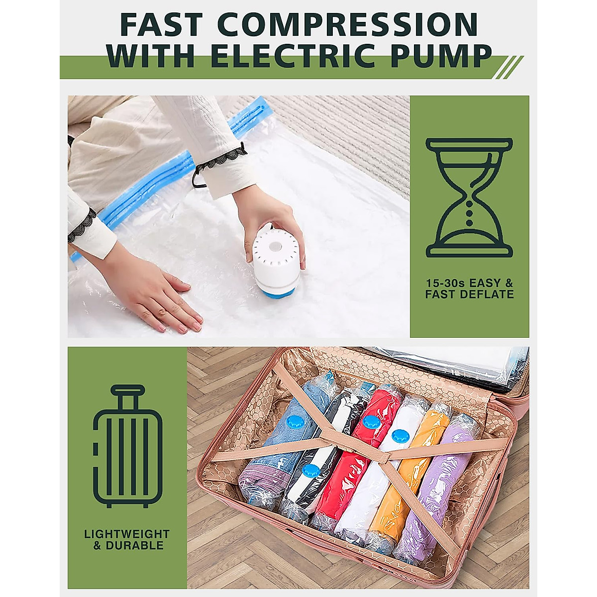 Vacuum Storage Bags (6 Jumbo Pack) Space Saver Bags with 1 Electric Air Pump Vacuum Seal Bags Compression Bags for Clothes Blanket Duvets Pillows Comforters Travel Moving