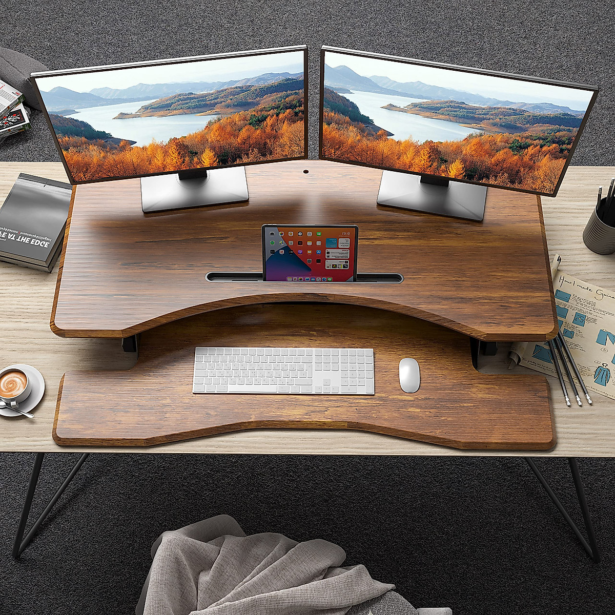 FEZIBO Height Adjustable Standing Desk Converter, 42 Inches Desk Riser, Sit Stand Desk Ergonomic Tabletop Workstation Rustic Brown