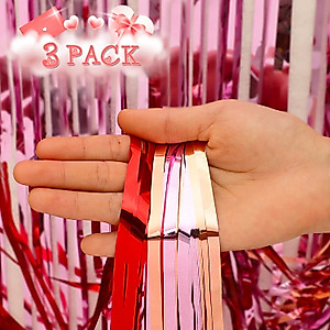 3 Packs 3.3ft x 8.2ft Valentines Day Red Pink and Rose Gold Tinsel Foil Fringe Curtains for Valentines Day Party Decorations Valentine's Day DIY Party Tinsel Photo Background Decorations