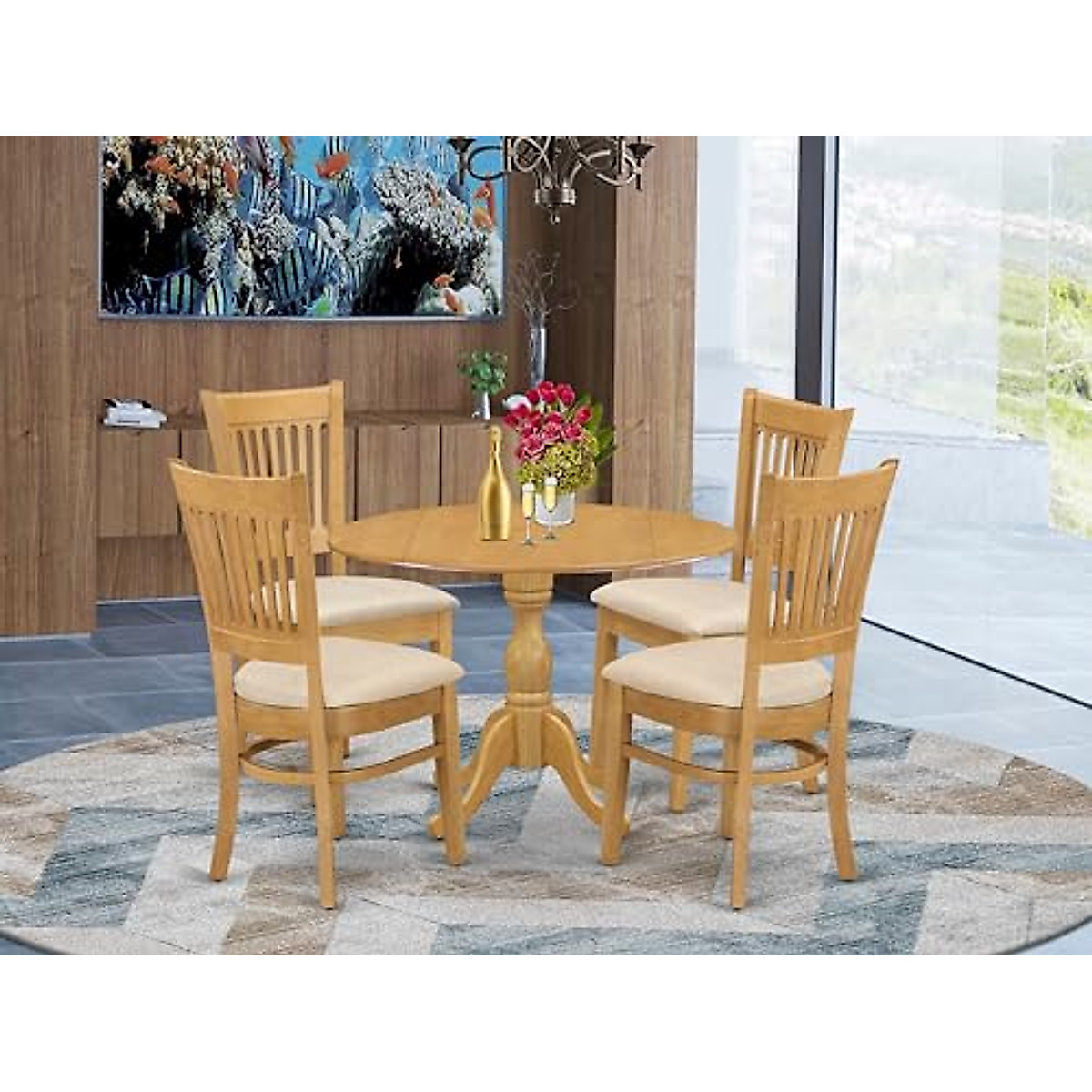 East West Furniture DMVA5-OAK-C 5 Piece Kitchen Table Set for 4 Includes a Round Dining Room Table with Dropleaf and 4 Linen Fabric Upholstered Dining Chairs, 42x42 Inch, Oak