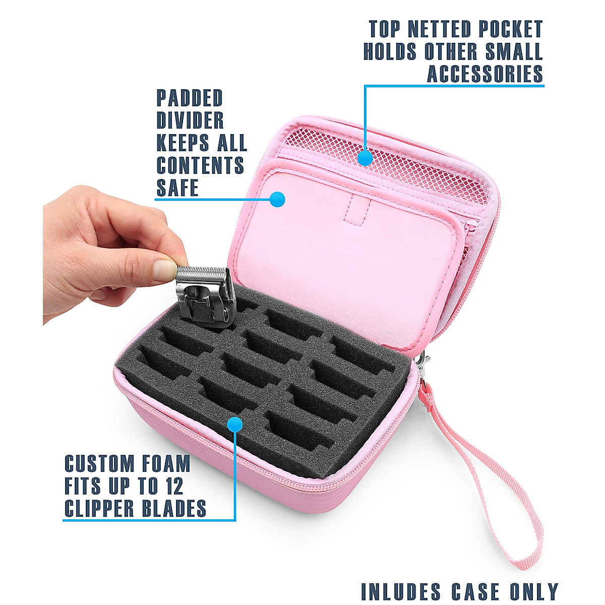 CASEMATIX Clipper Guard Holder with 12 Clipper Blade Case Slots Compatible with Oster Clippers, Andis Clipper Blades, BaBylissPRO Blades, Wahl Blades with Metal Blade Holder Top Pocket - Case Only