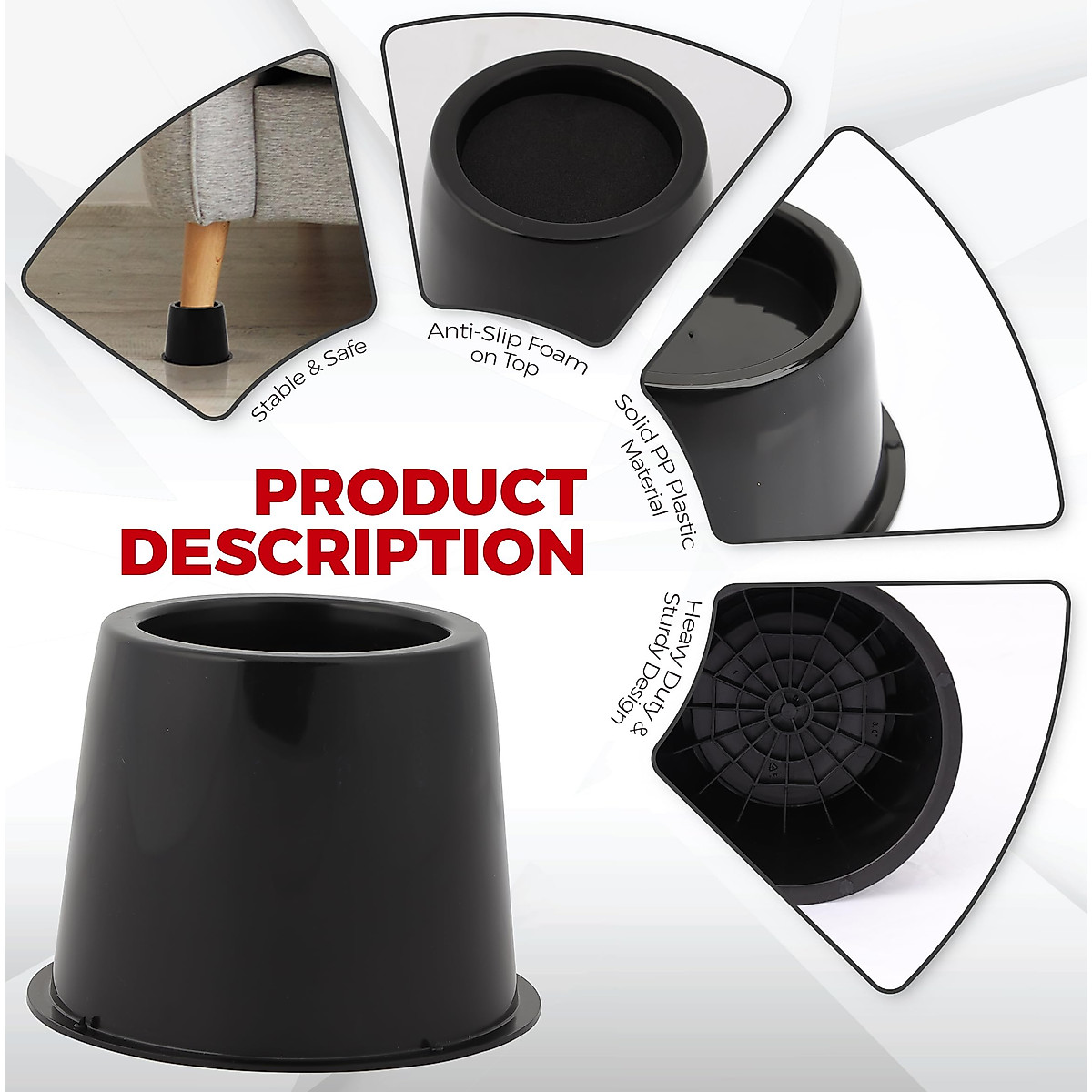 Utopia Bedding Bed Risers 3 Inch - 4 Pack - Round Furniture Risers with Top Anti-Slip Foam with Metal Plate & Bottom Rubber Pads - Bed Risers Heavy Duty for Sofa, Couch & Chair Lifts (Black)