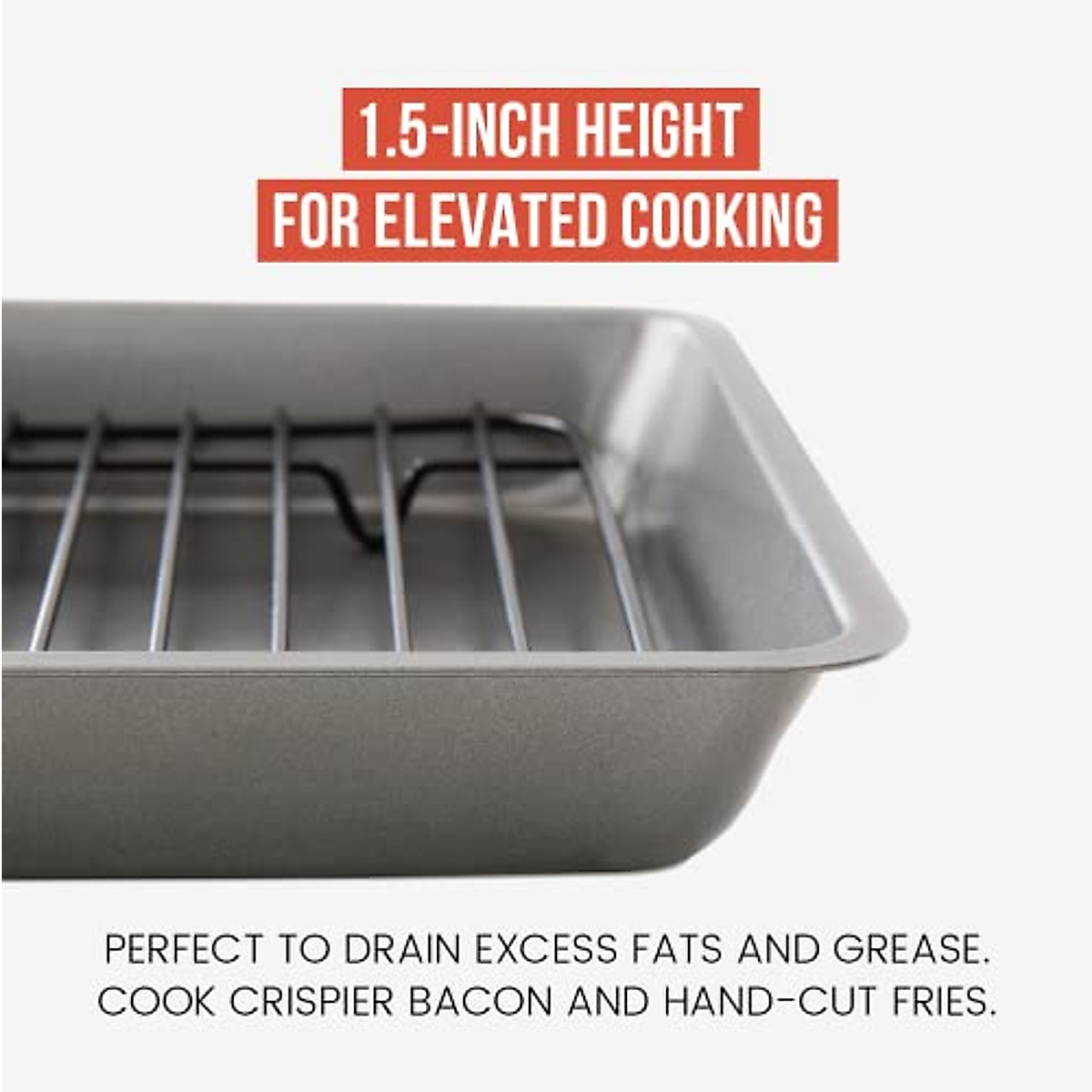 Chef Pomodoro Nonstick Carbon Steel Small Roasting Pan Roaster with Flat Rack, Grey, Bakeware Toaster Oven Countertop Oven Baking, Single Serving (Mini)