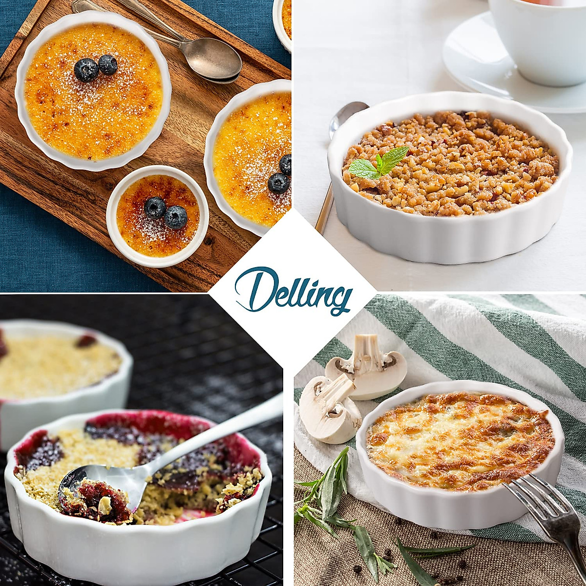 Ramekins 8 oz-Delling Creme Brulee Ramekins, Round Fluted Quiche Dishes Tart Pan, Oven Safe Ramekins for Baking, Souffle, Ramekins Set of 6, White