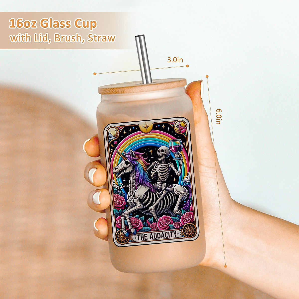 Fairy's Gift the Audacity Iced Coffee Cup, Cute 16 oz Frosted Glass Cup with Lid Straw, Christmas Funny Skull Cups, Sarcastic Skeleton Glass Tumbler, Cool Birthday Witchy Gifts for Women Tarot Lovers