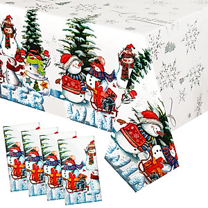 4 Pcs Christmas Snowman Rectangle Table Cloth Mistletoe Cottage Printed Plastic Table Cover Oblong Waterproof Christmas Snowflake Tablecloth for Winter Dining Room Kitchen Decoration (108 x 54 Inch)