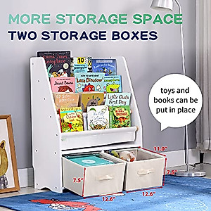 MallBest Childrens Bookshelf Kids Sling Book Rack with Two Storage Boxes and Toys Organizer Shelves Natural Solid Wood Baby Bookcase