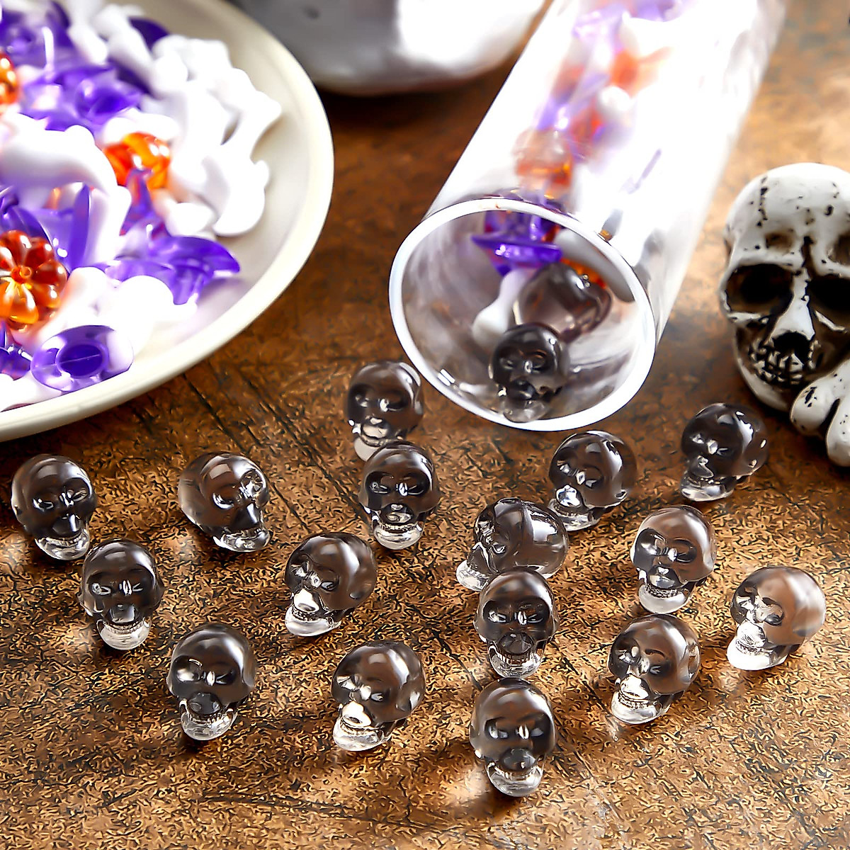 240 Pcs Halloween Mini Acrylic Pumpkin Ornaments Mini Skull Head Small Witch Hats Mini Skeleton Bones Cute Ghost Ornaments Table Scatter Vase Filler for Thanksgiving Fall Autumn Halloween Party