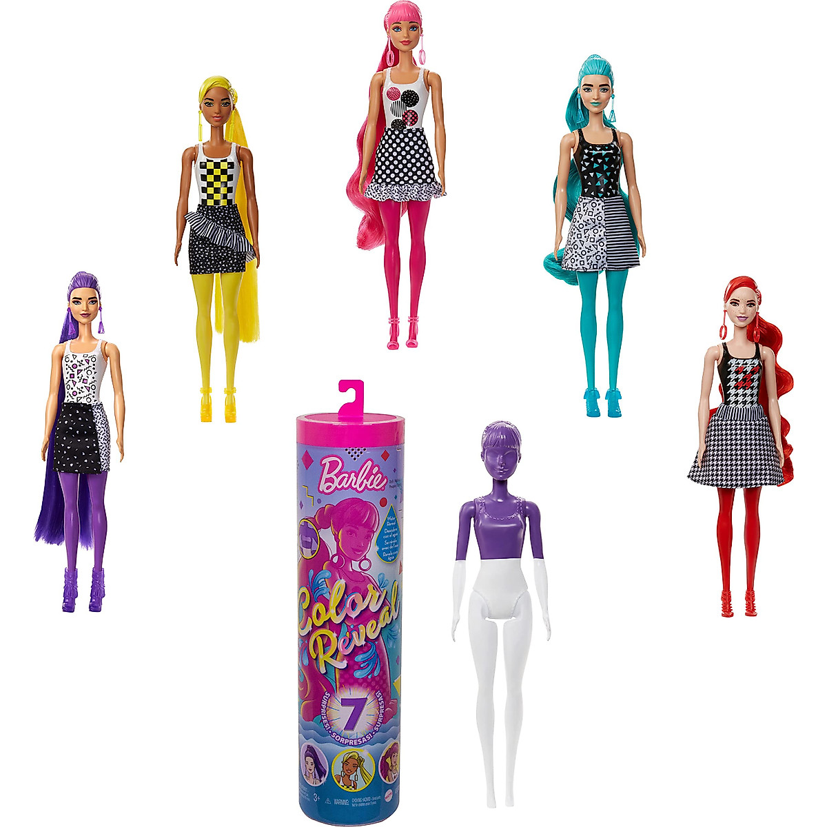 Barbie Color Reveal Doll & Accessories, Color-Block Series, 7 Surprises, 1 Barbie Doll (Styles May Vary)