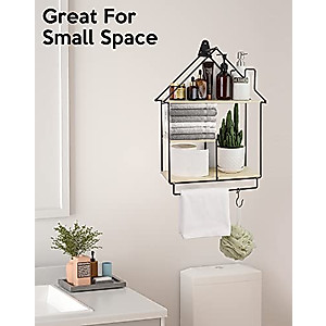 Tikea Floating Shelves, House-Shaped Wall Mounted Shelves for Storage, Modern Farmhouse Hanging Shelf with Metal Frames and Addition Hooks for Living Room Bedroom Bathroom Entryway Decor