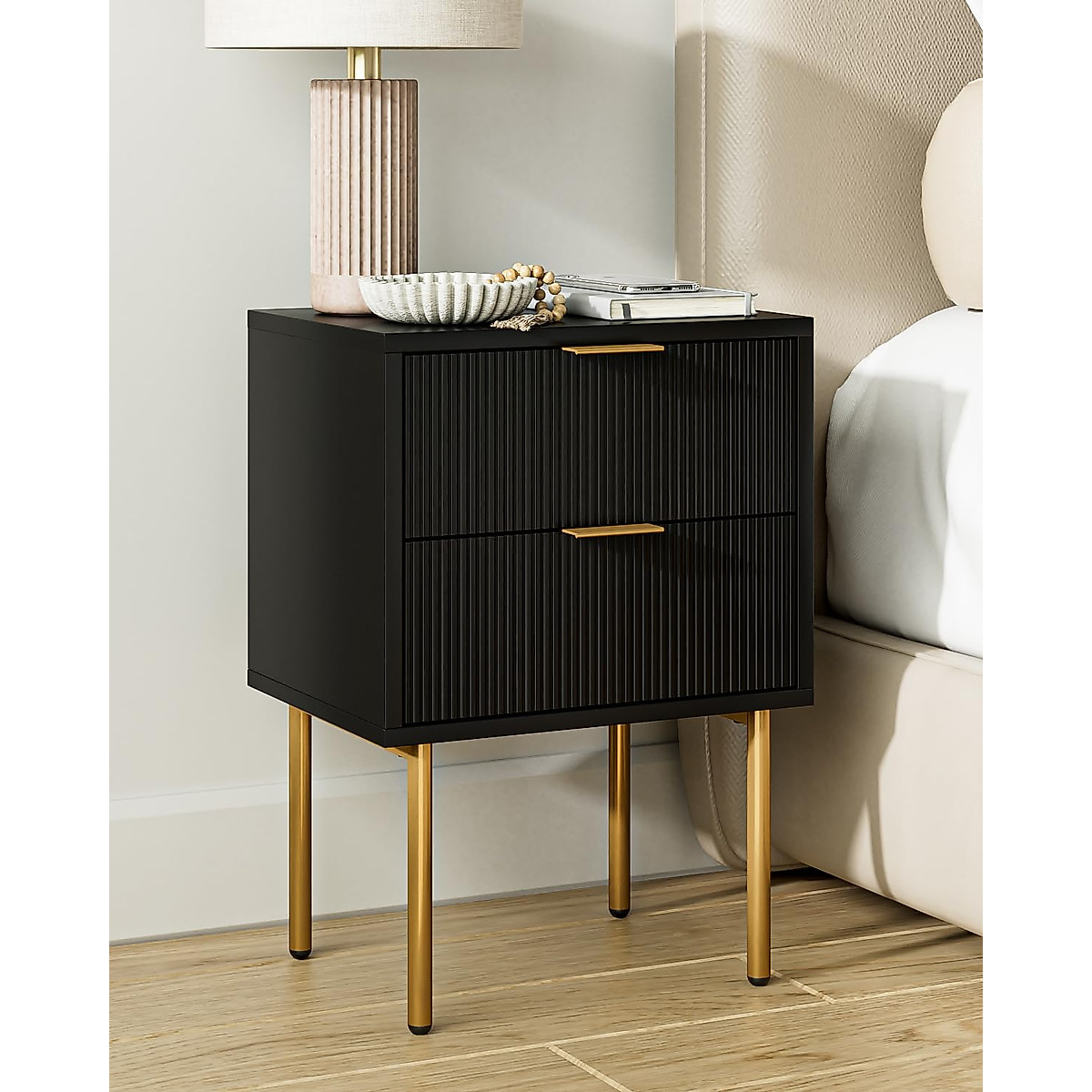 AEPOALUA Nightstand,Small Bedside Table with Gold Frame,White Night Stand,Bedside Furniture,Side Table with Drawer and Shelf for Bedroom,Living Room (Mid-Century-Stripe, Black.)