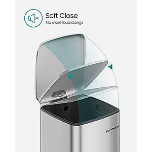 SONGMICS Kitchen Trash Can, 8-Gallon (30 L) Trash Bin, Stainless Steel Garbage Can, with Inner Bucket, Soft Close and Stays Open, Metallic Silver ULTB593E01